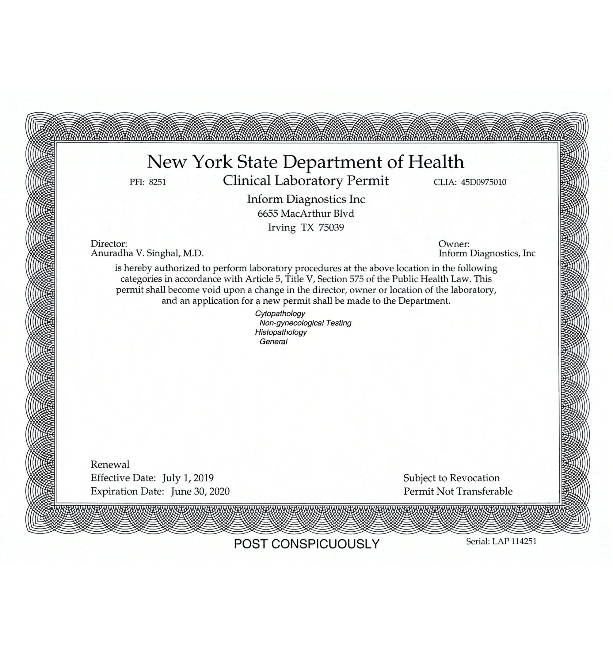 Laboratory Certifications | Inform Diagnostics